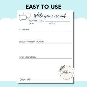 Substitute Notes • Sub Binder Teacher Organization • Printable Template ...