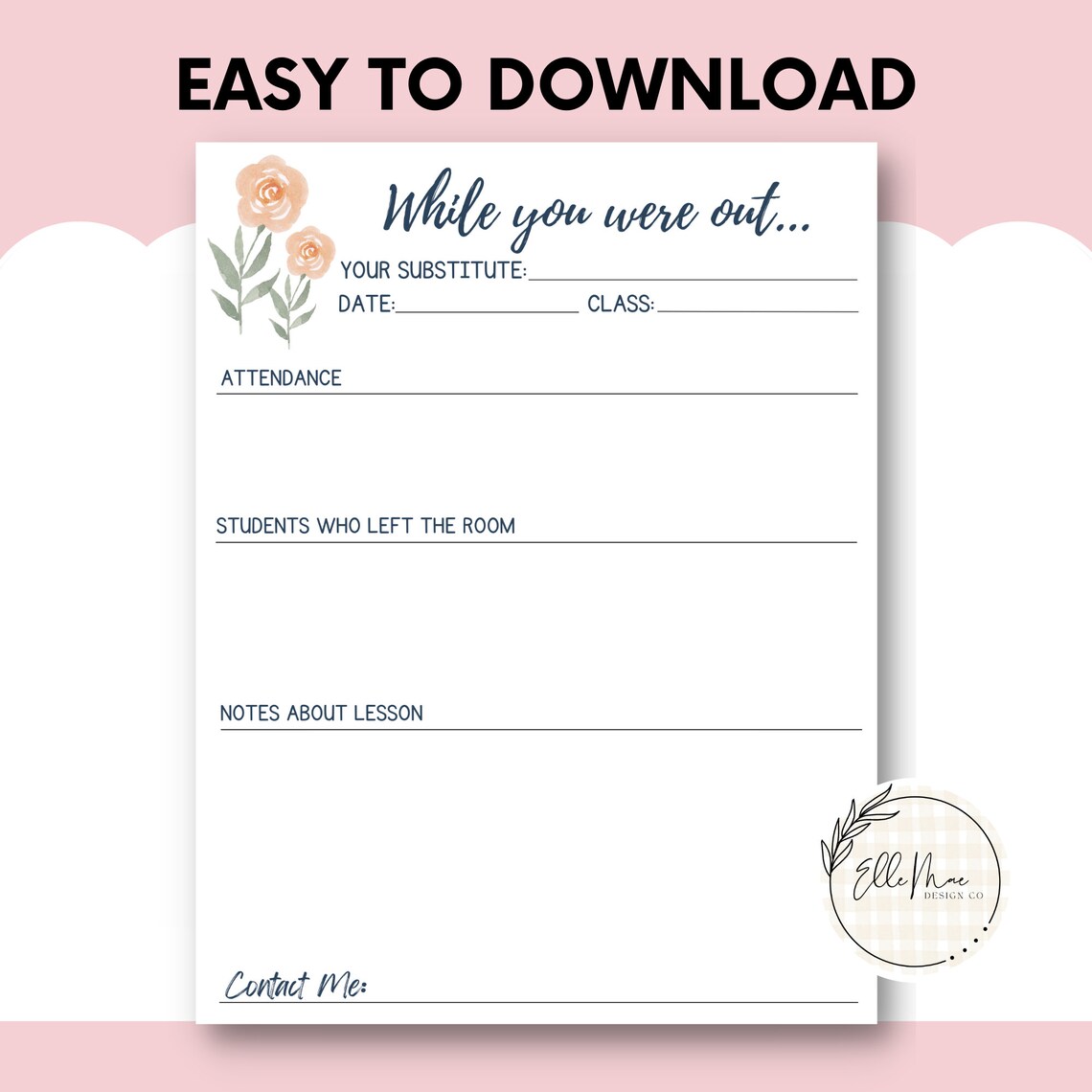 Floral Substitute Teacher Notes • Teacher Organization • Printable ...