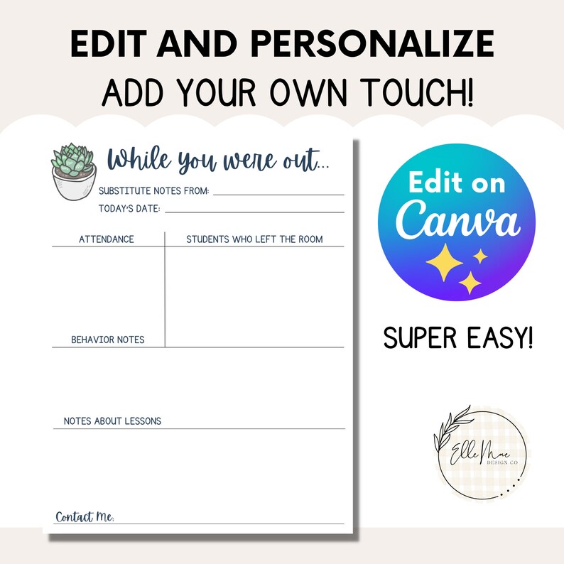 Editable Succulent Plants Substitute Teacher Note • Feedback • School ...