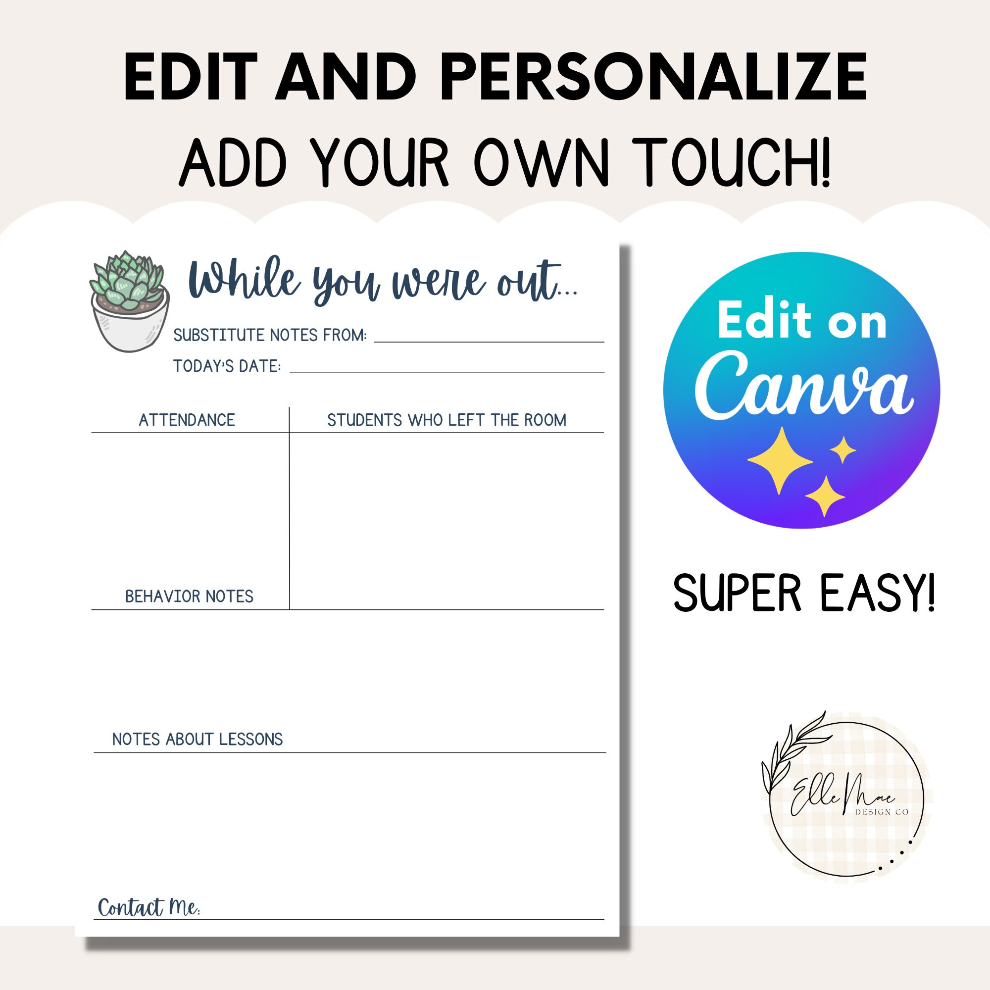 Editable Succulent Plants Substitute Teacher Note • Feedback • School ...