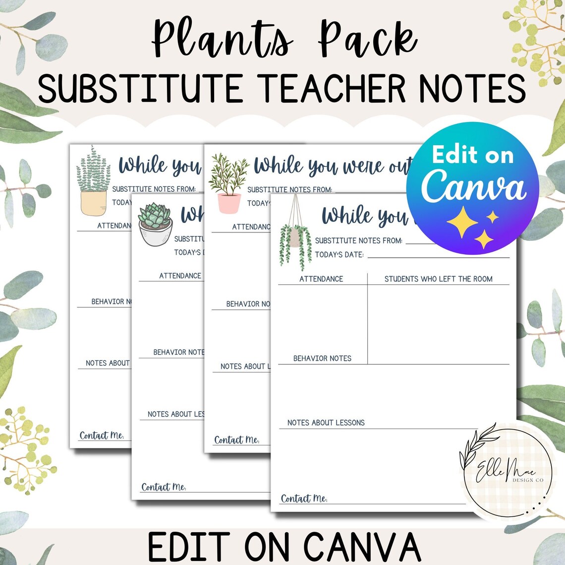 Editable Succulent Plants Substitute Teacher Note Feedback School While ...