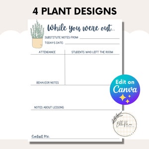 Editable Succulent Plants Substitute Teacher Note • Feedback • School ...