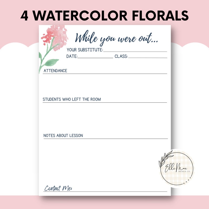 Floral Substitute Teacher Notes • Teacher Organization • Printable ...