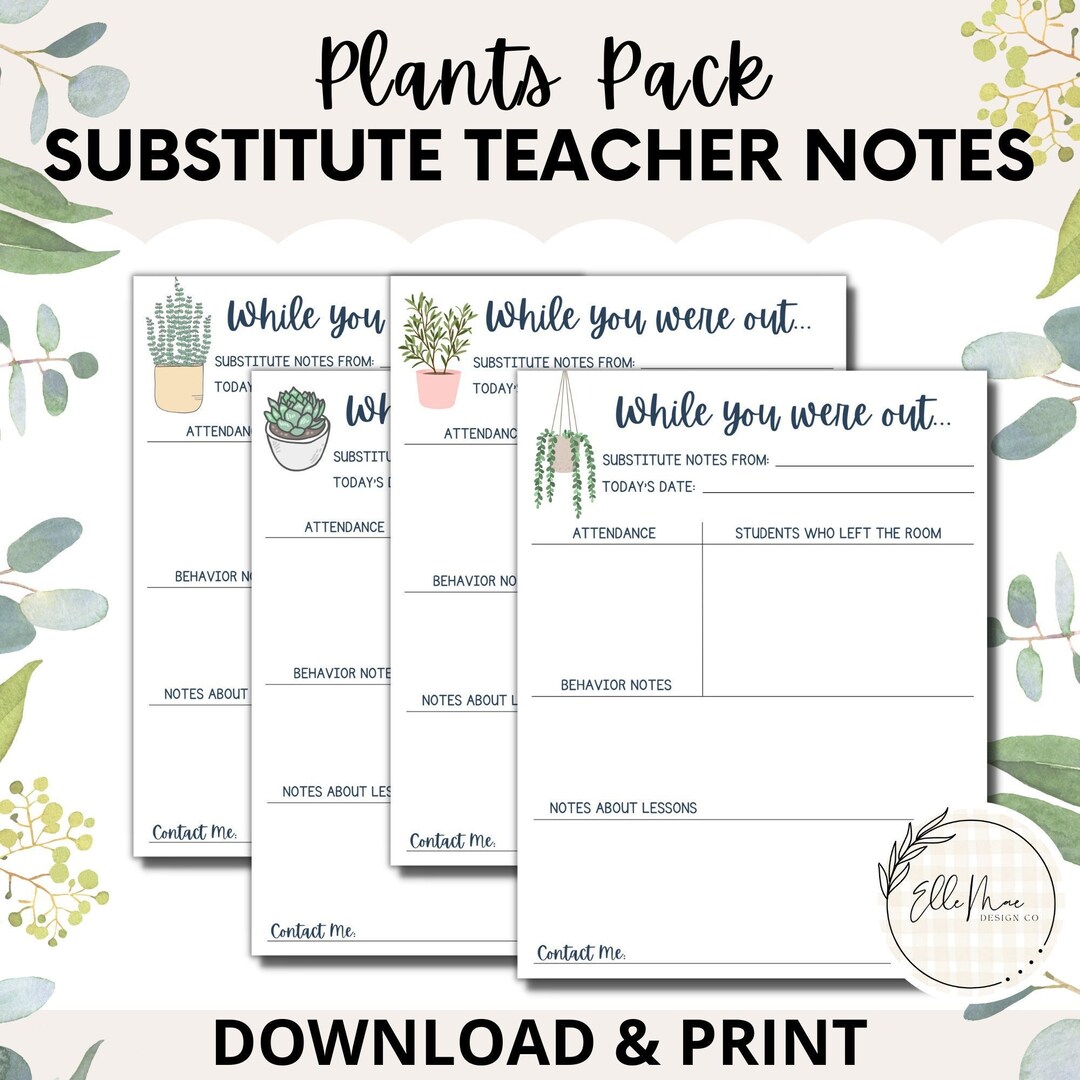 Succulent Plants Substitute Teacher Note • Feedback • School Printable ...