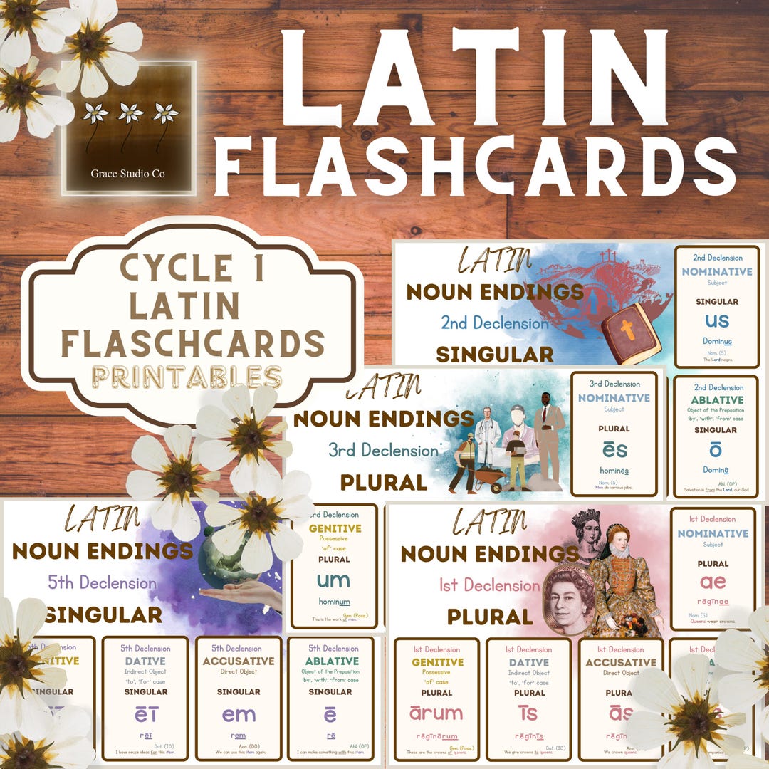 Latin Noun Endings 1st - 5th Declensions FLASHCARDS (printable) (CC ...