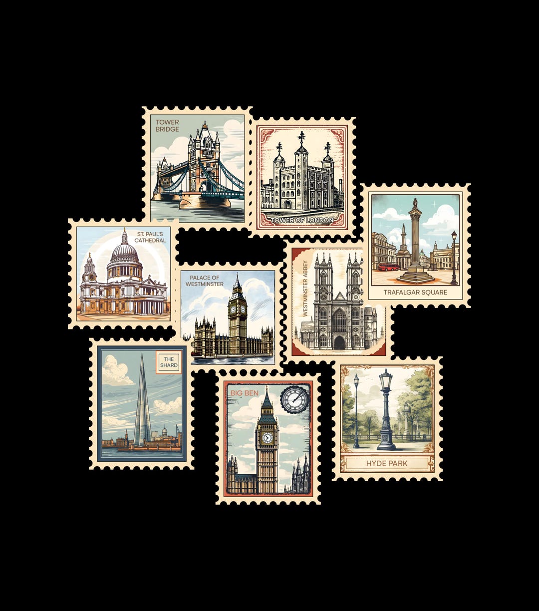 Vintage London Landmark Stamps Clipart PNG SVG | Retro UK Travel ...