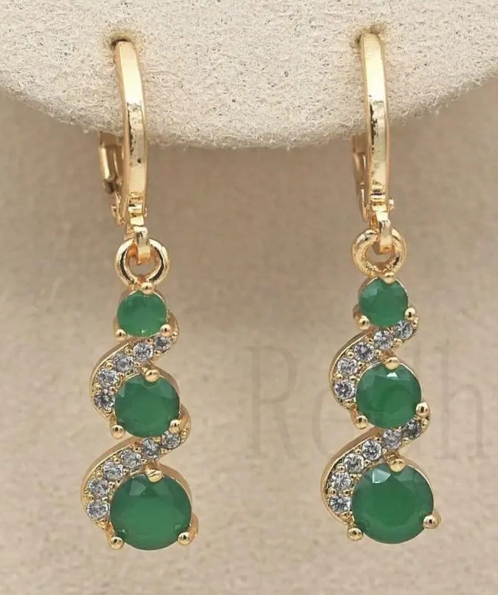 14K Gold Plated Vintage Swirl Round Green Stone Drop Earrings - Etsy