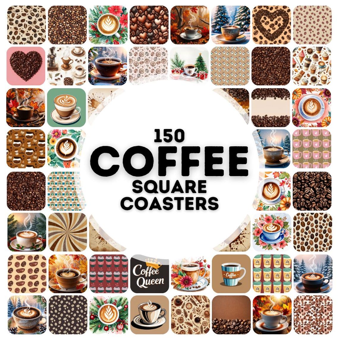 150 Coffee Square Coasters Sublimation Designs Png, Coaster Sublimation ...