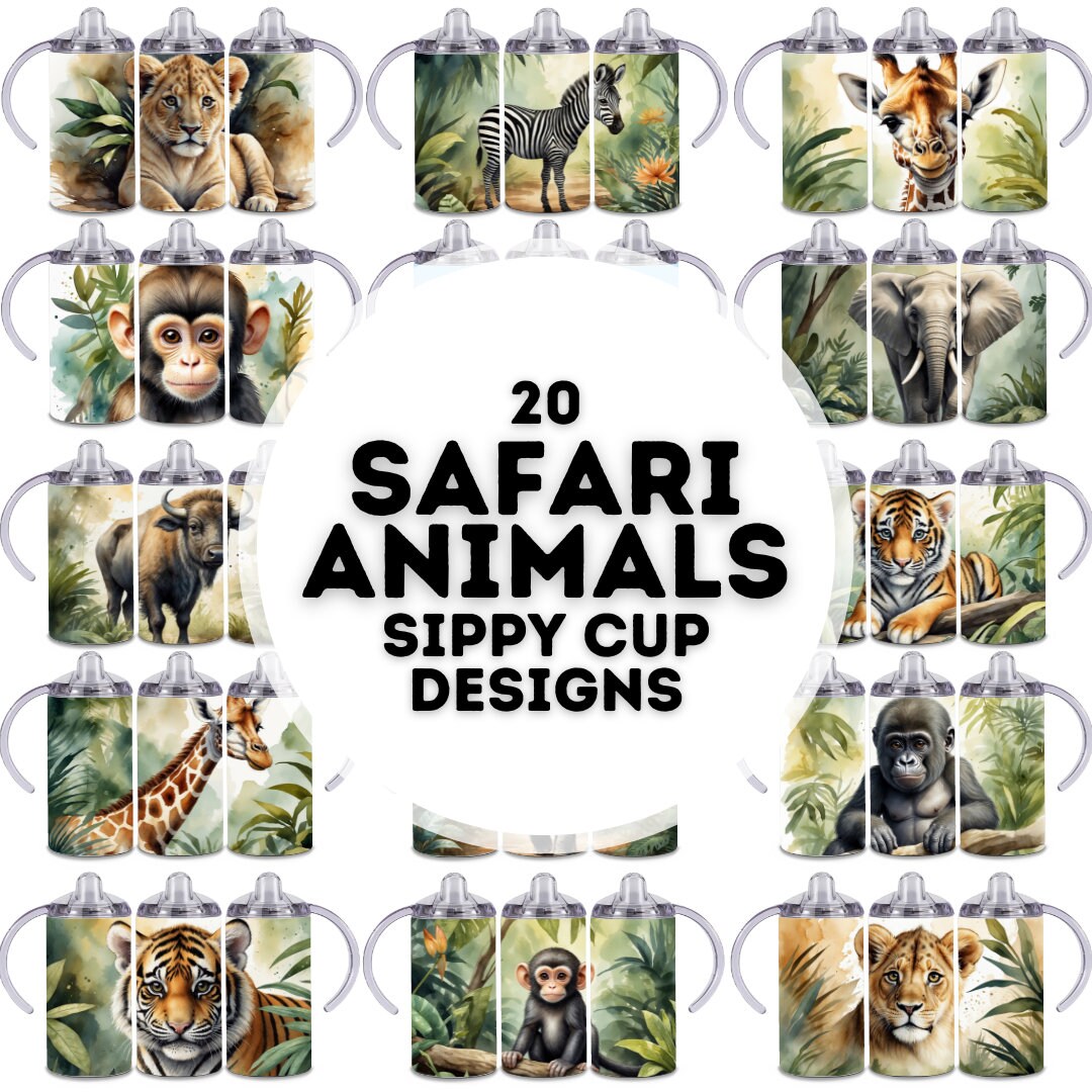20 Watercolor Safari Animals Sippy Cup Sublimation Design Bundle, Sippy ...
