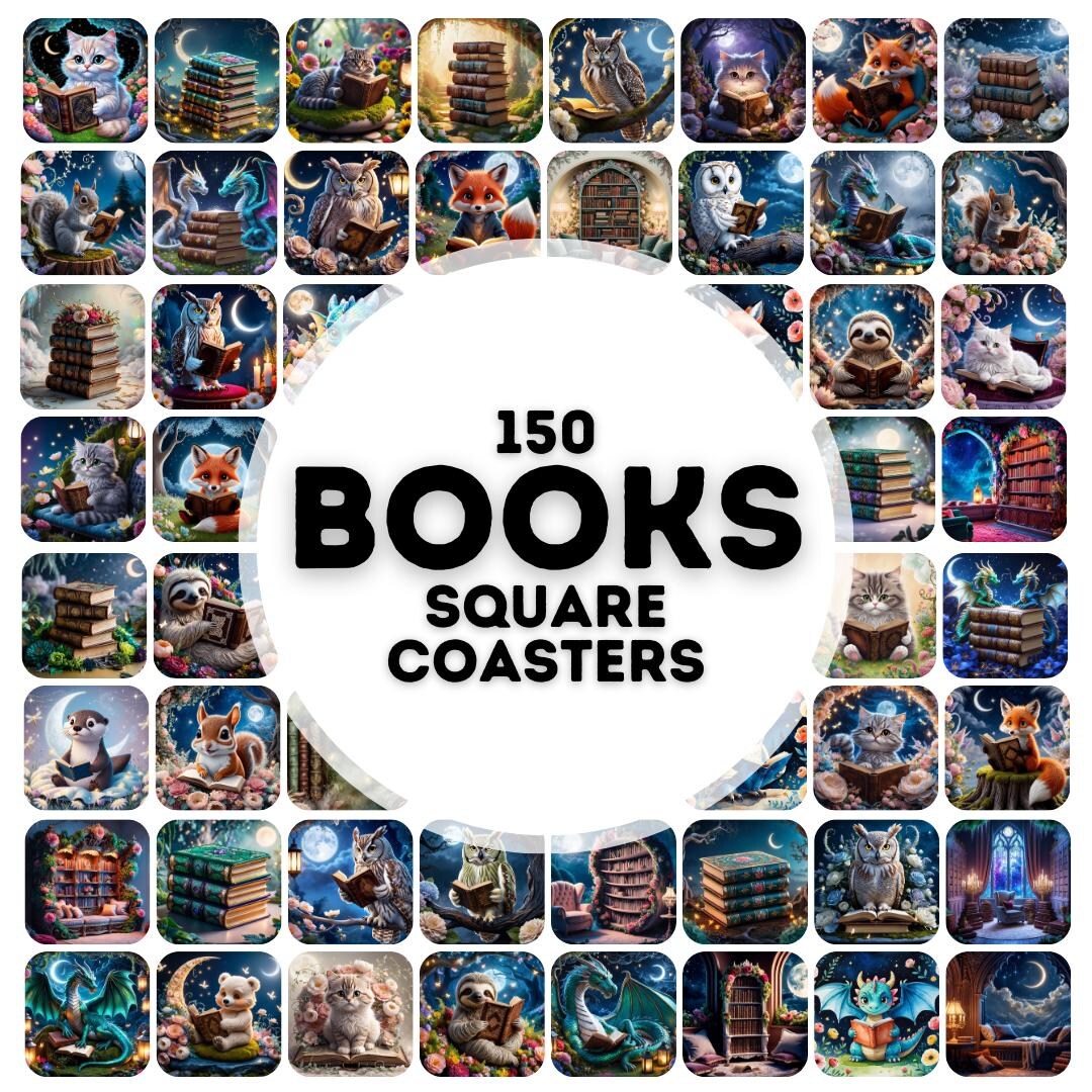 150 Books and Reading Square Coasters Sublimation Designs Png, Coaster ...