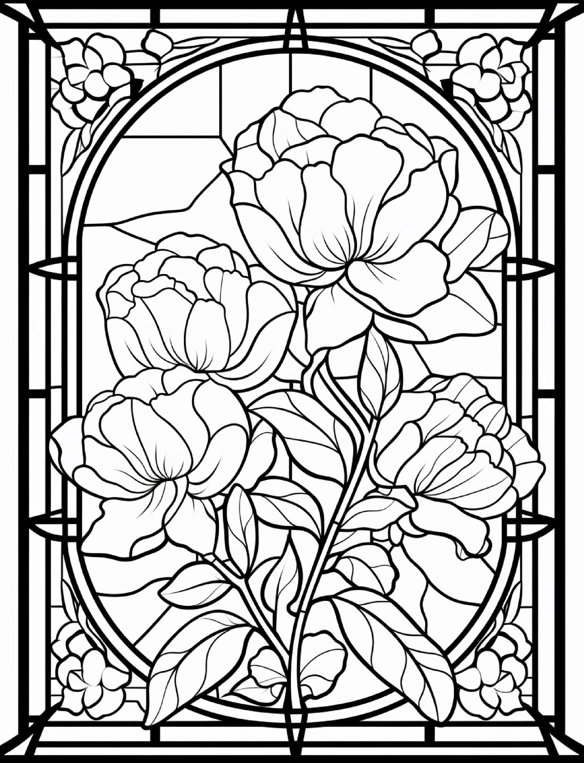 Flowers, Stained Glass Window, Printable Adult Coloring Page, Instant ...