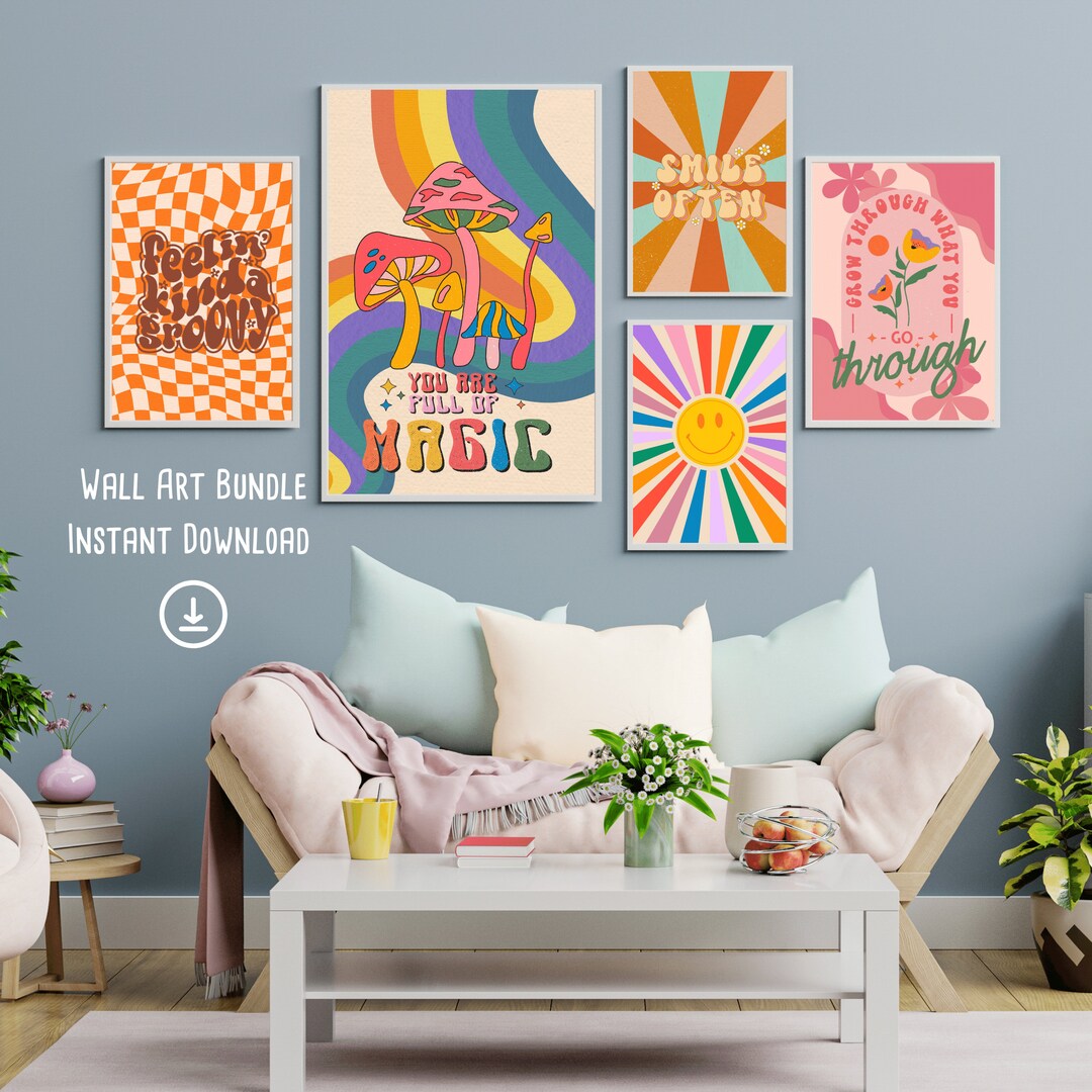 Groovy Retro Wall Art Bundle Set of 5 Wall Art Prints Instant Download ...