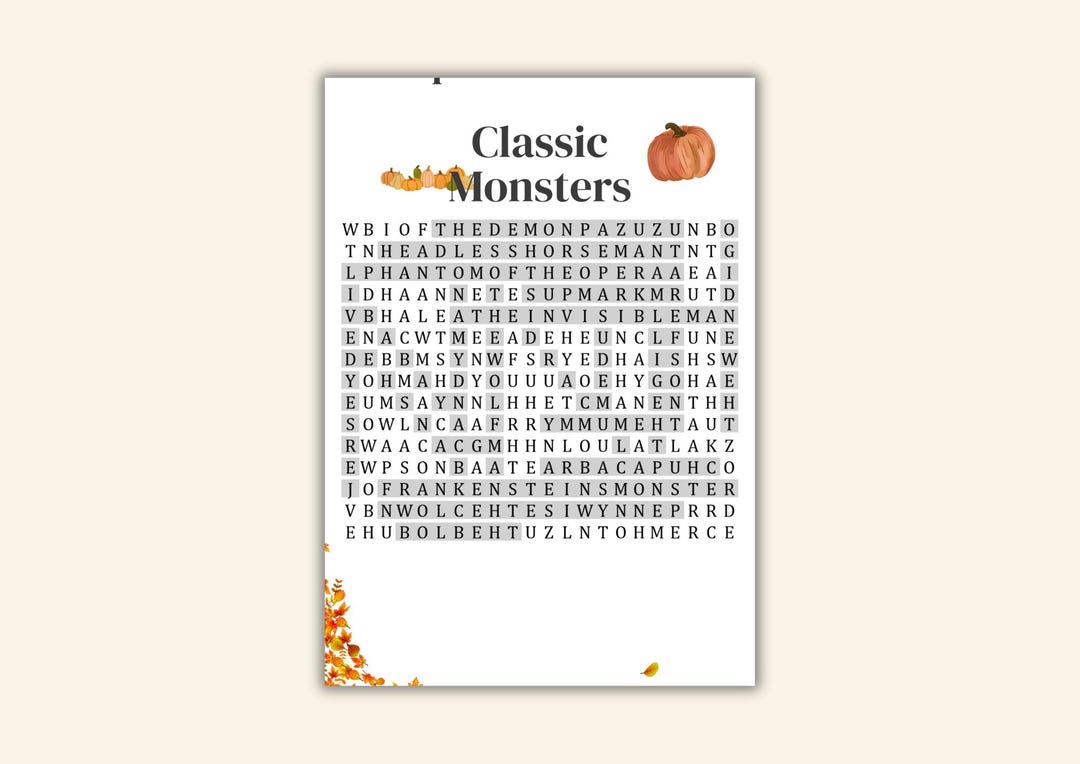 Classic Monsters Word Search Puzzle | Halloween Party Game | Spooky ...