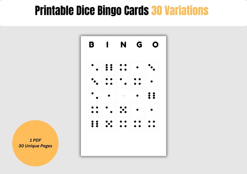 30 Unique Dice Bingo Cards: Printable | Fun Math Game Pdf,party Game ...