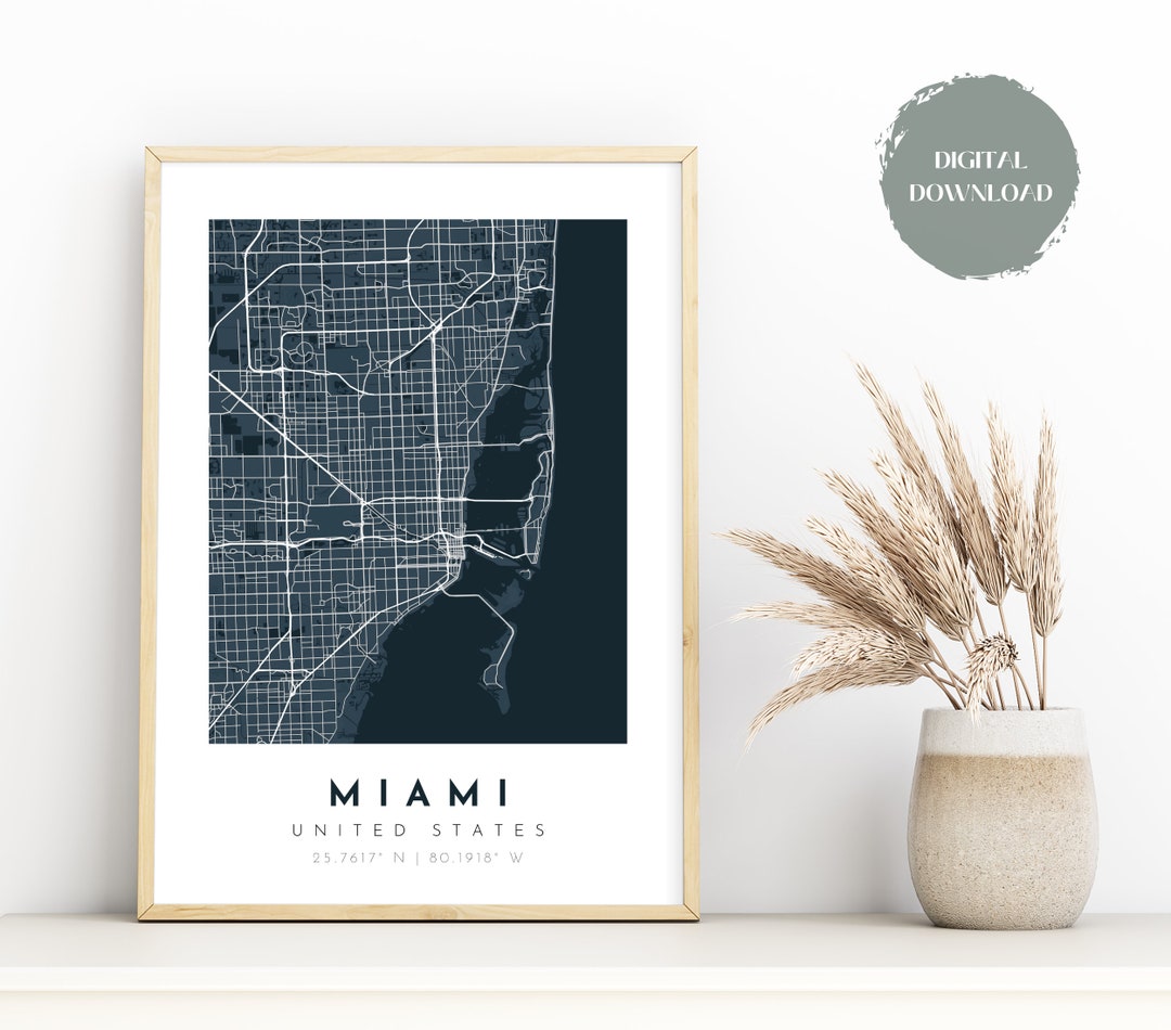 Miami City Map Print | Map of Miami | Digital Wall Art | Printable ...