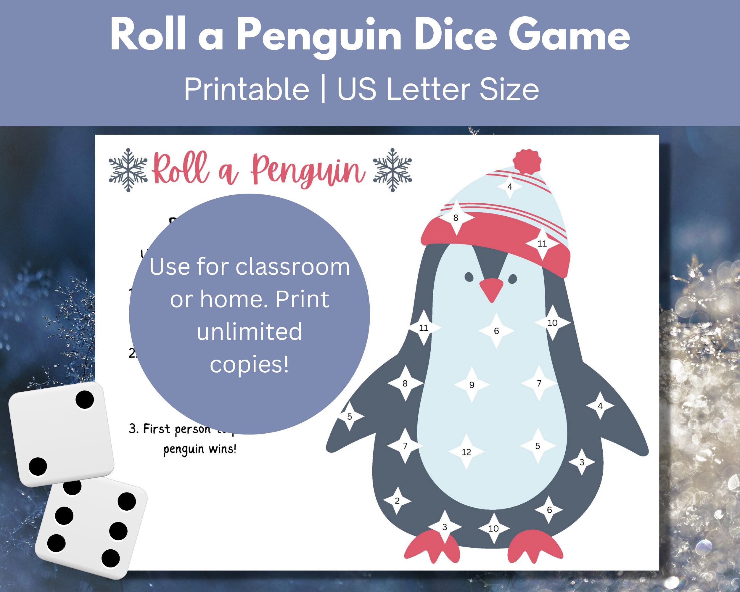 Roll a Penguin Dice Game for Kids | Winter Activity Printable Candy ...