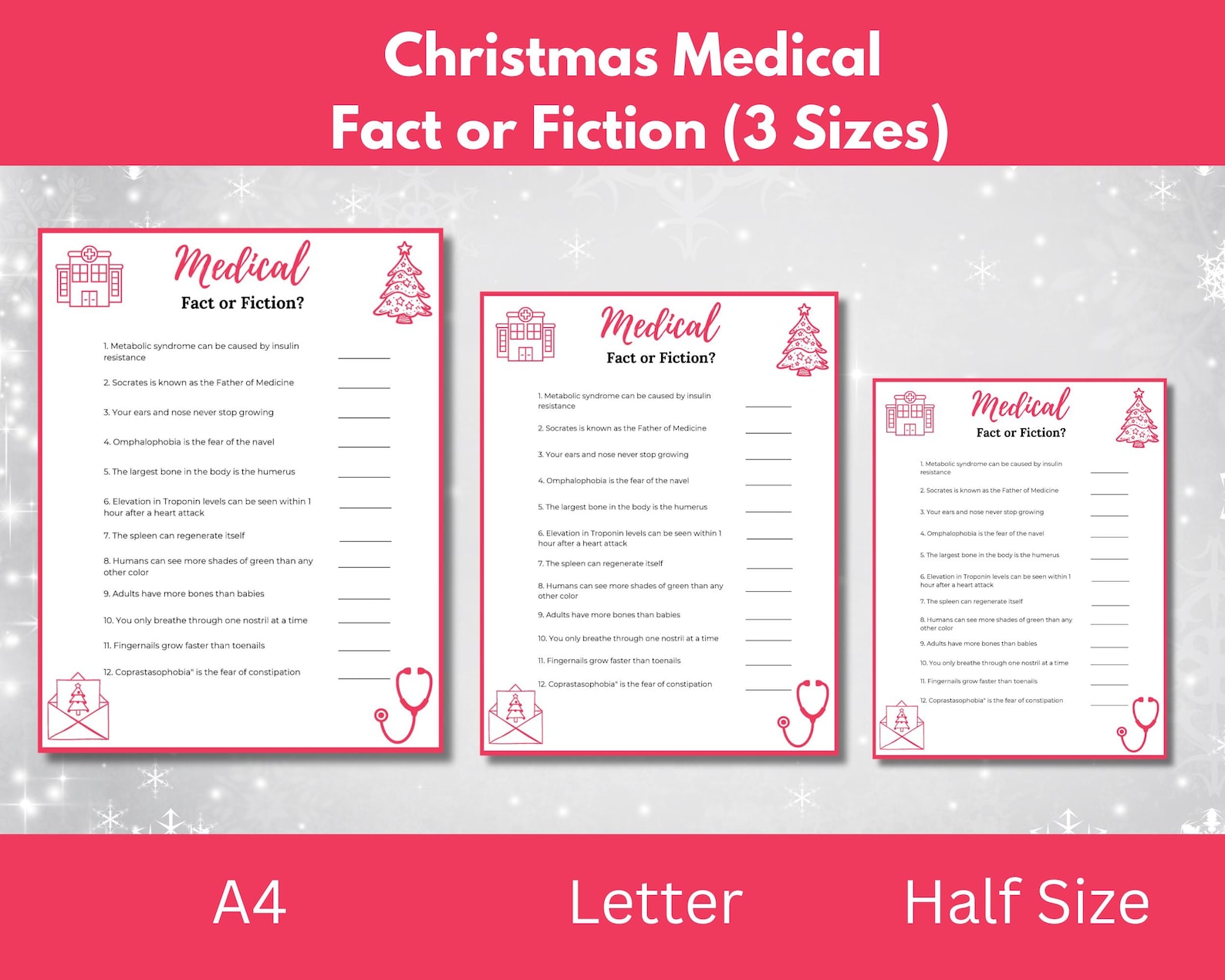 Christmas Medical Fact or Fiction Trivia Game, Hospital Staff Party ...