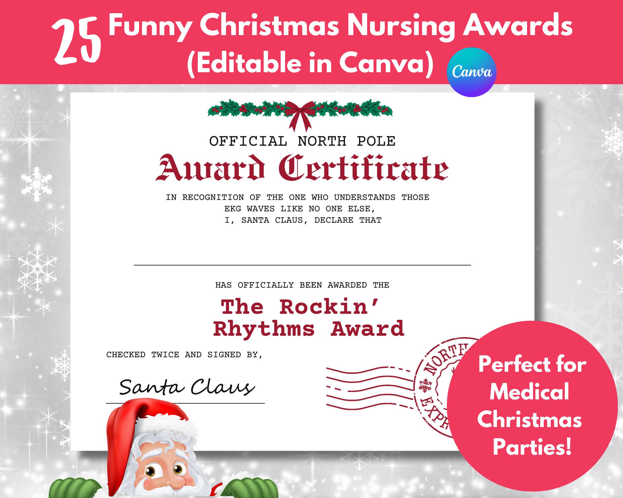 Funny Christmas Nursing Award Certificates Editable in Canva, Funny ...
