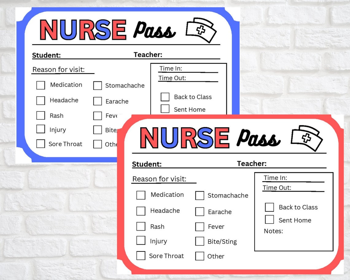 School Nurse Printable Office Pass Elementary School Nurse Office Forms Health Clinic
