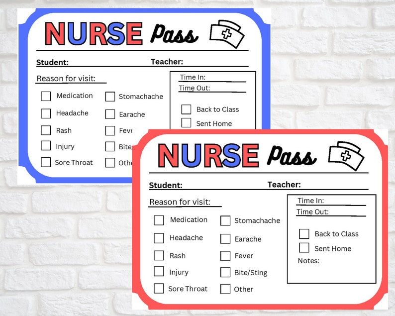 School Nurse Printable Office Pass, Elementary School Nurse Office ...