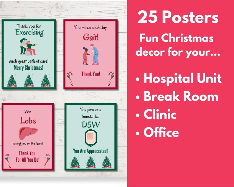 Funny Medical Christmas Posters, 25 Pack Medical Pun Posters for Nurse ...