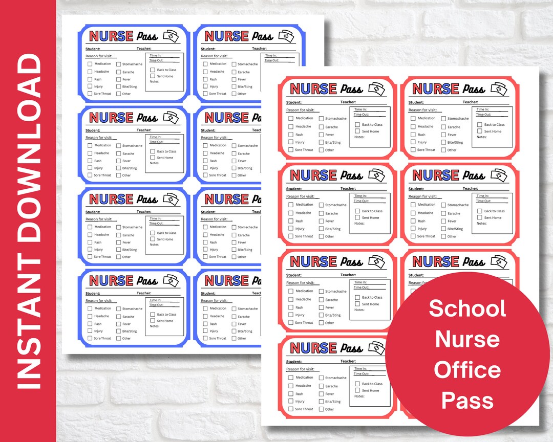School Nurse Printable Office Pass, Elementary School Nurse Office ...