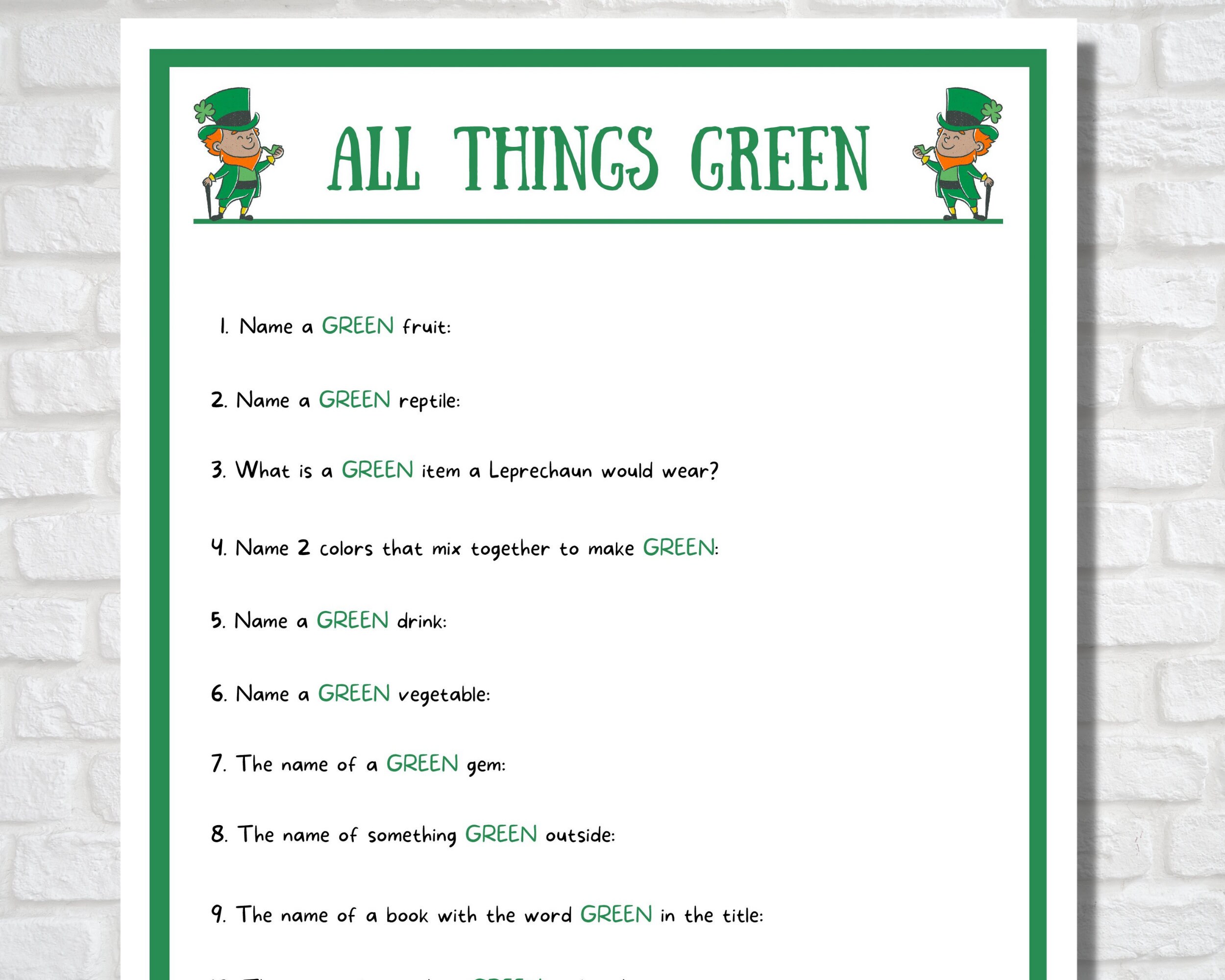 All Things Green Printable St. Patrick's Day Game for Kids | Green Game ...