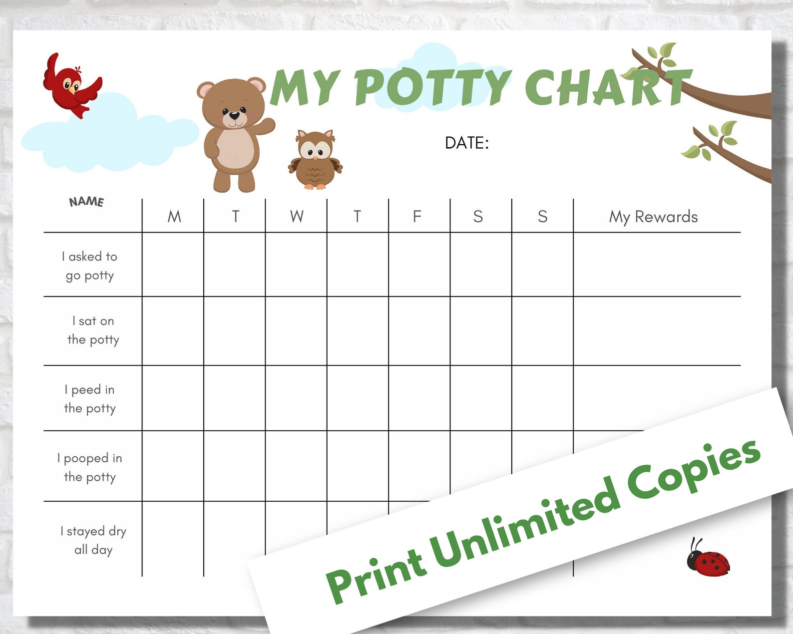 Toddler PRINTABLE Weekly Potting Training Chart, Potty Training ...