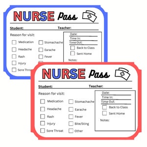 School Nurse Printable Office Pass, Elementary School Nurse Office ...