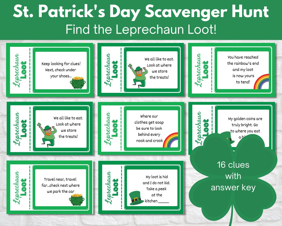 St Patricks Day Scavenger Hunt Clues, St Patricks Day Indoor Treasure ...