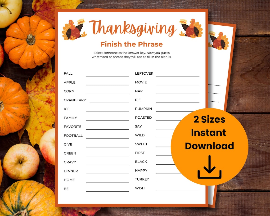 Thanksgiving Finish the Phrase Game, Finish My Phrase, Friends ...