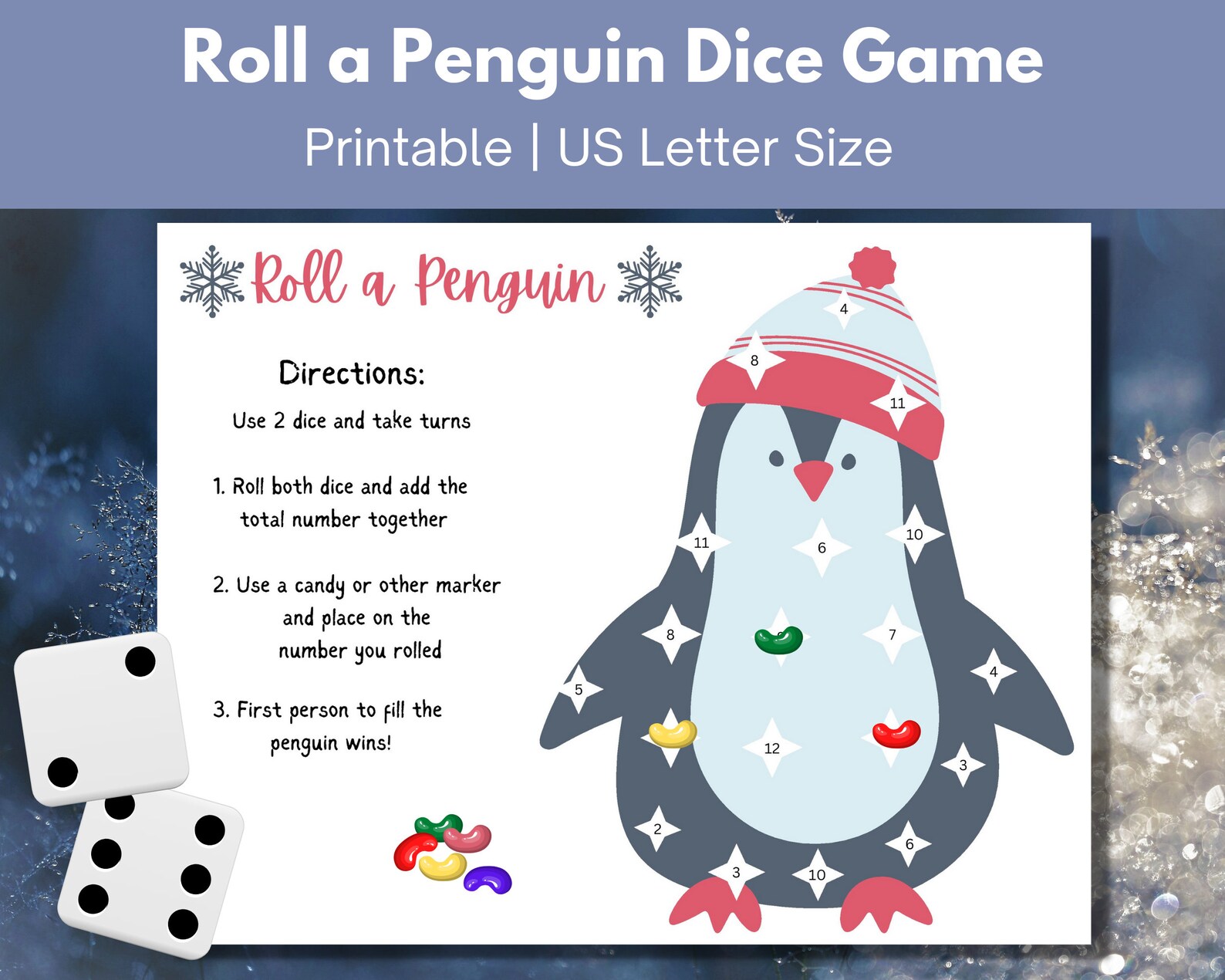 Roll a Penguin Dice Game for Kids | Winter Activity Printable Candy ...