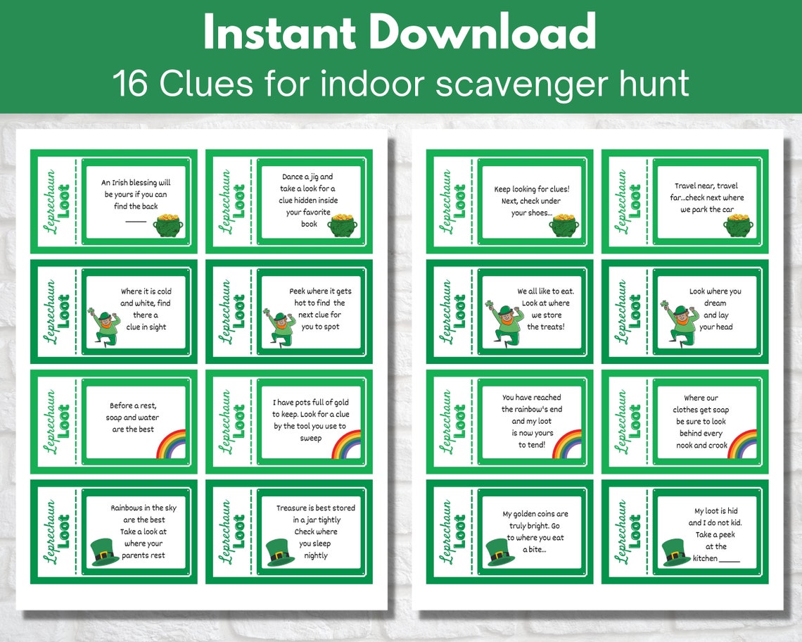 St Patricks Day Scavenger Hunt Clues, St Patricks Day Indoor Treasure ...