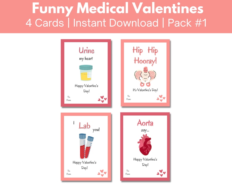 Funny Medical Valentine's Day Cards, 4 Pack for Doctors, Nurses ...
