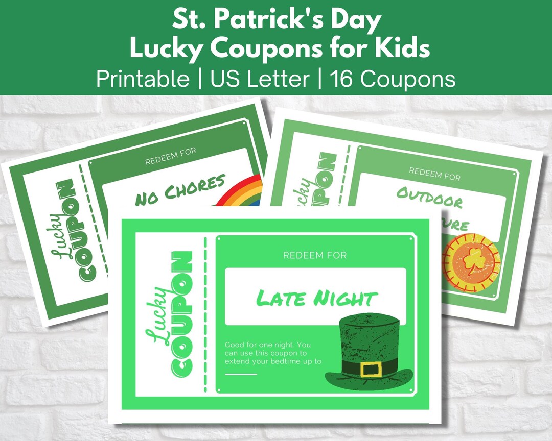 St. Patrick's Day Kids Digital Reward Coupons, Kids Gift Coupons, St ...
