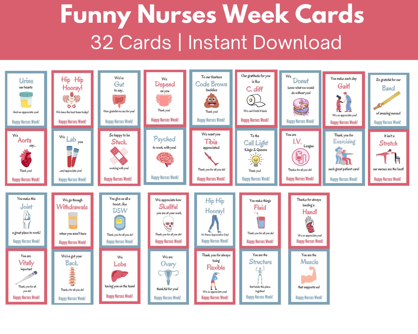 Nurses Week Printable Gift Tags, Nurses Week Funny Medical Cards, Nurse ...