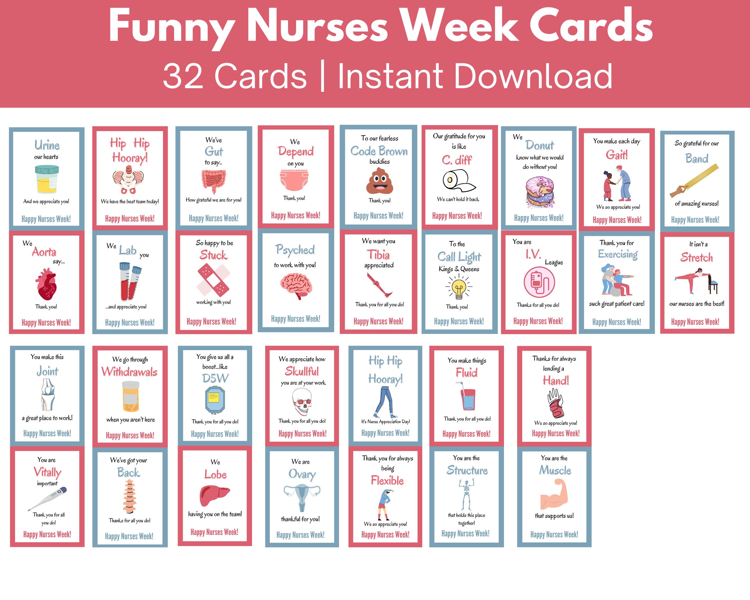 Nurses Week Printable Gift Tags, Nurses Week Funny Medical Cards, Nurse ...