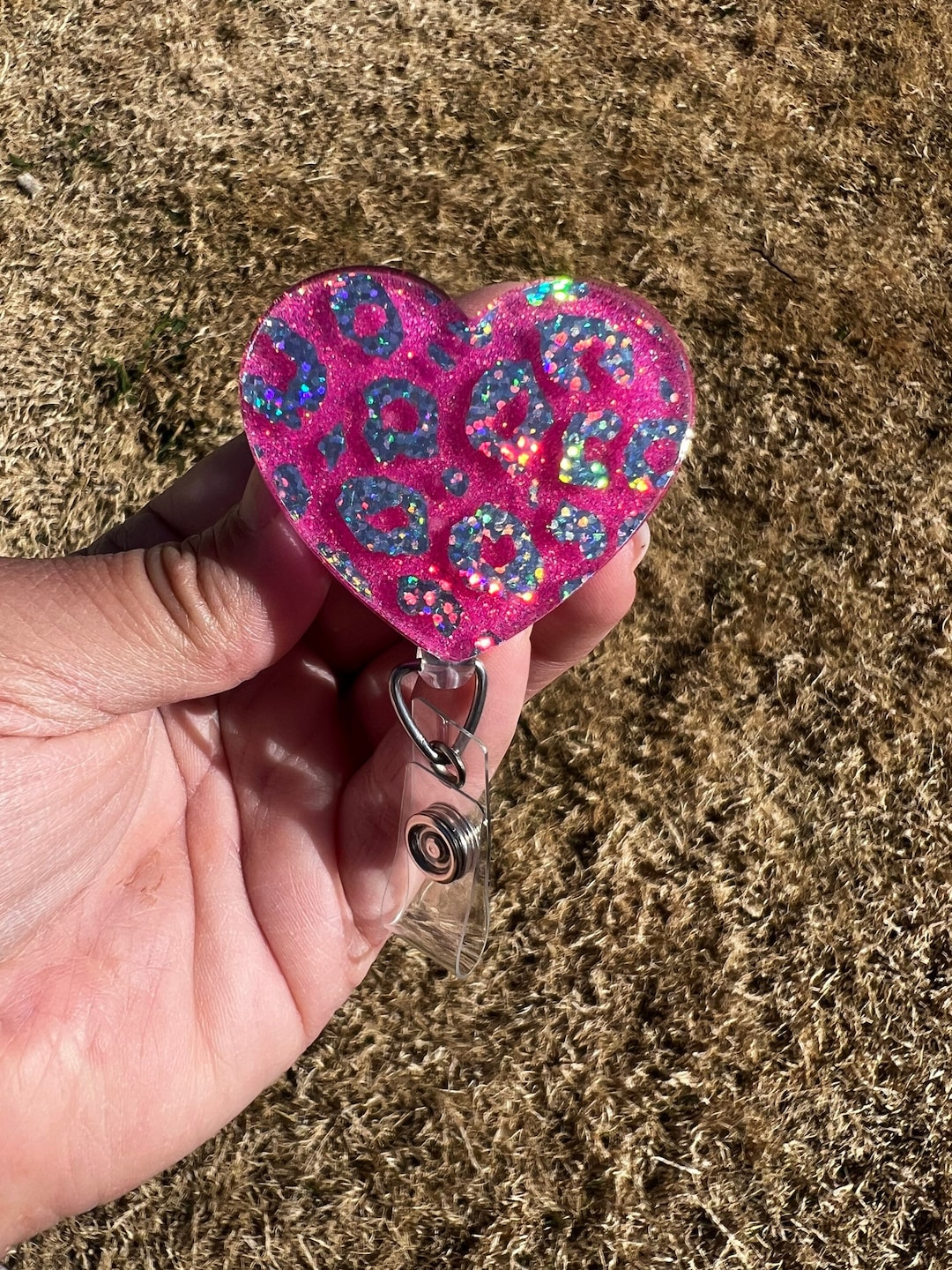 Leopard Spotted Pink Heart Acrylic Badge Reel or Lanyard - Etsy