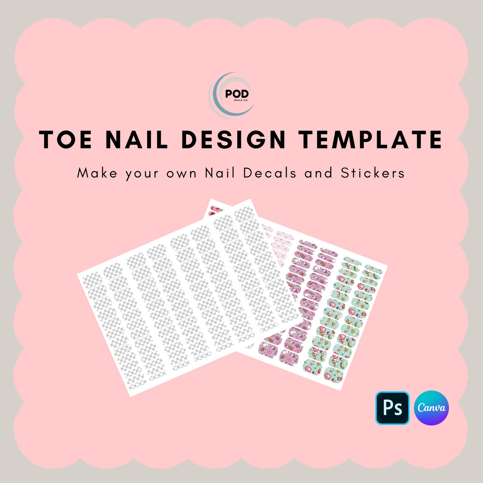Toe Nail Design Template for Decals and Stickers | Photoshop Canva | A4 ...