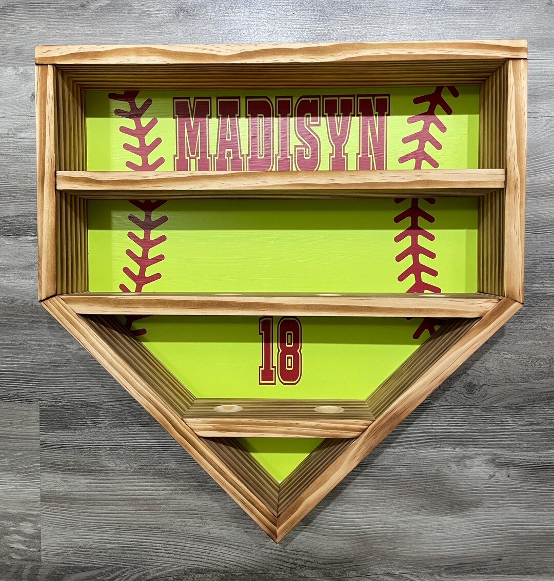 Rustic Softball Display With Traditional Softball Colored Backboard ...
