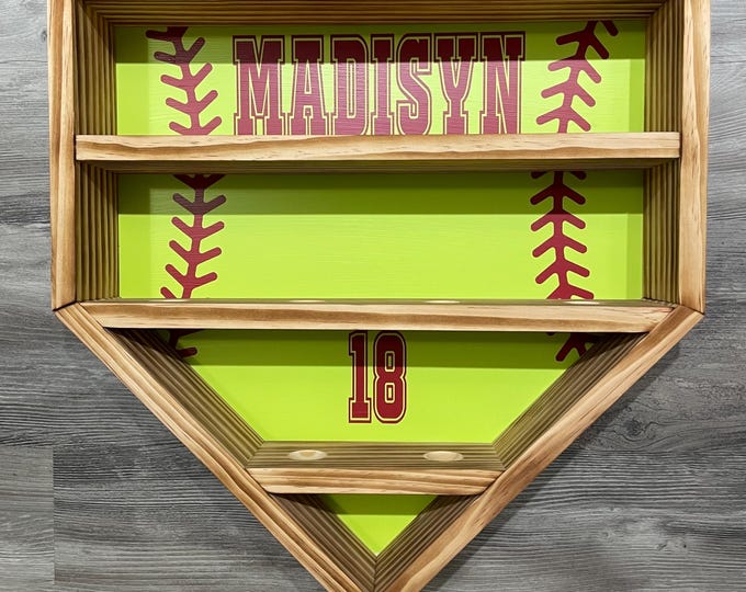 Rustic Softball Display With Traditional Softball Colored Backboard ...