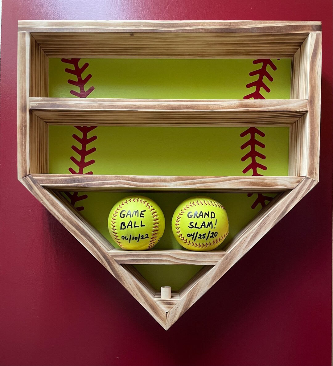 Rustic Softball Display With Traditional Softball Colored Backboard ...