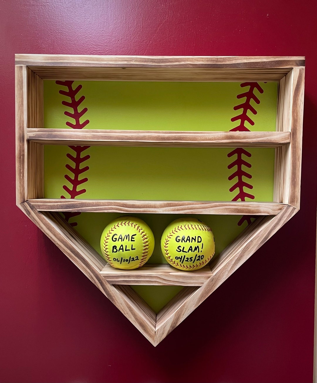 Rustic Softball Display With Traditional Softball Colored Backboard ...