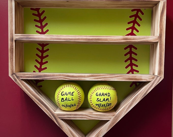 Rustic Softball Display With Traditional Softball Colored Backboard ...