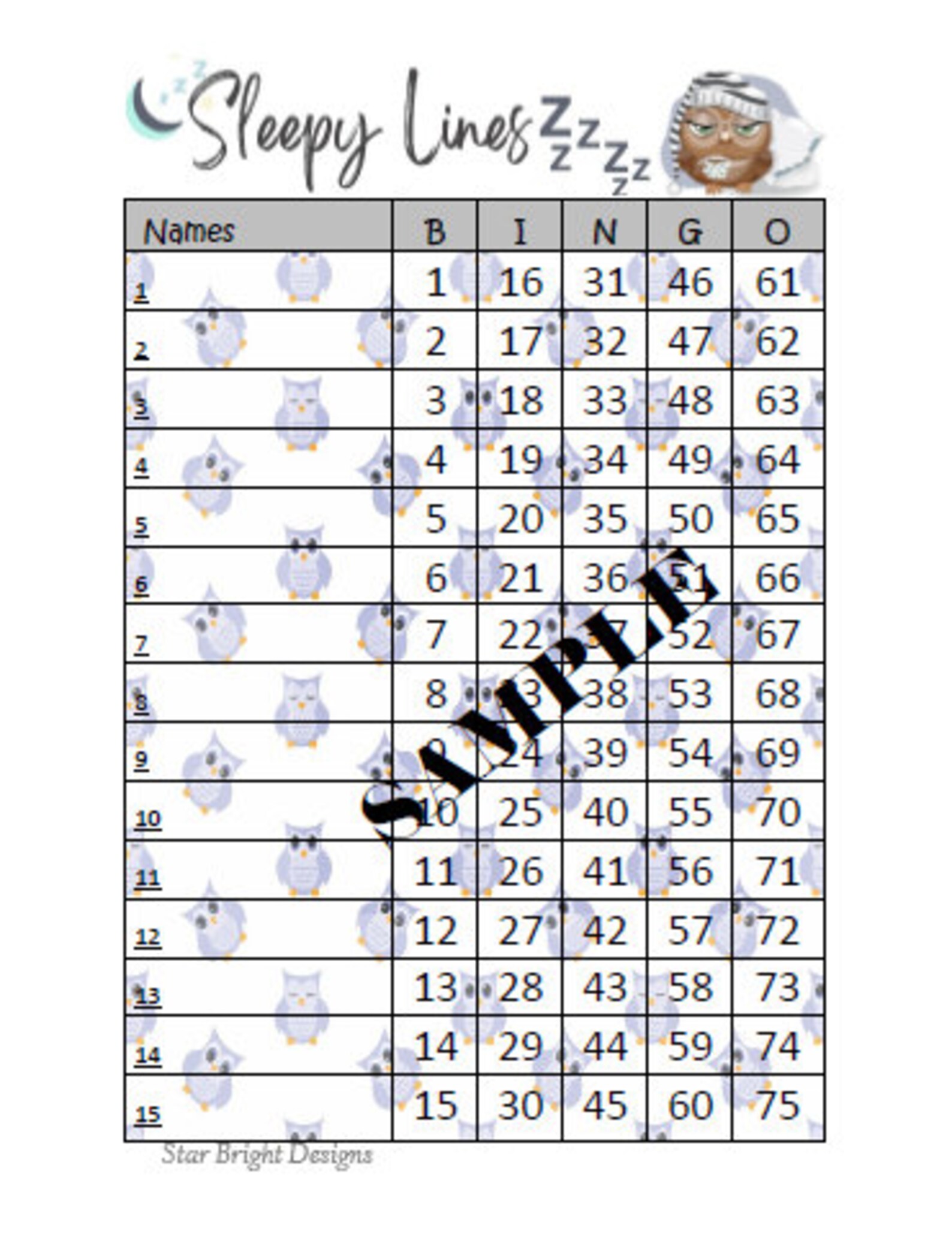 15 Line Bingo| Sleepy Lines| Bingo Boards| Standard 15 Lines 75 Balls ...