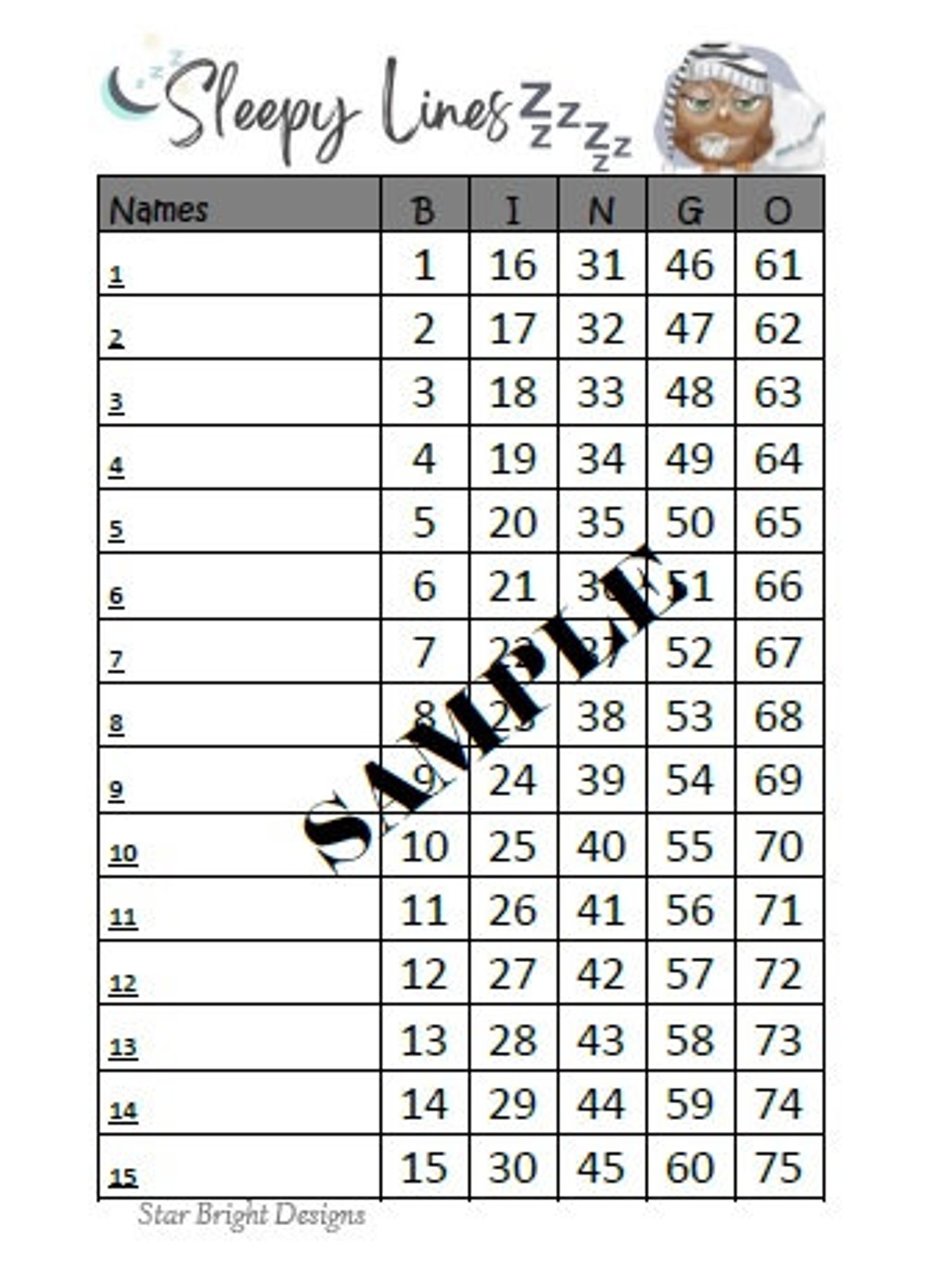 15 Line Bingo| Sleepy Lines| Bingo Boards| Standard 15 Lines 75 Balls ...