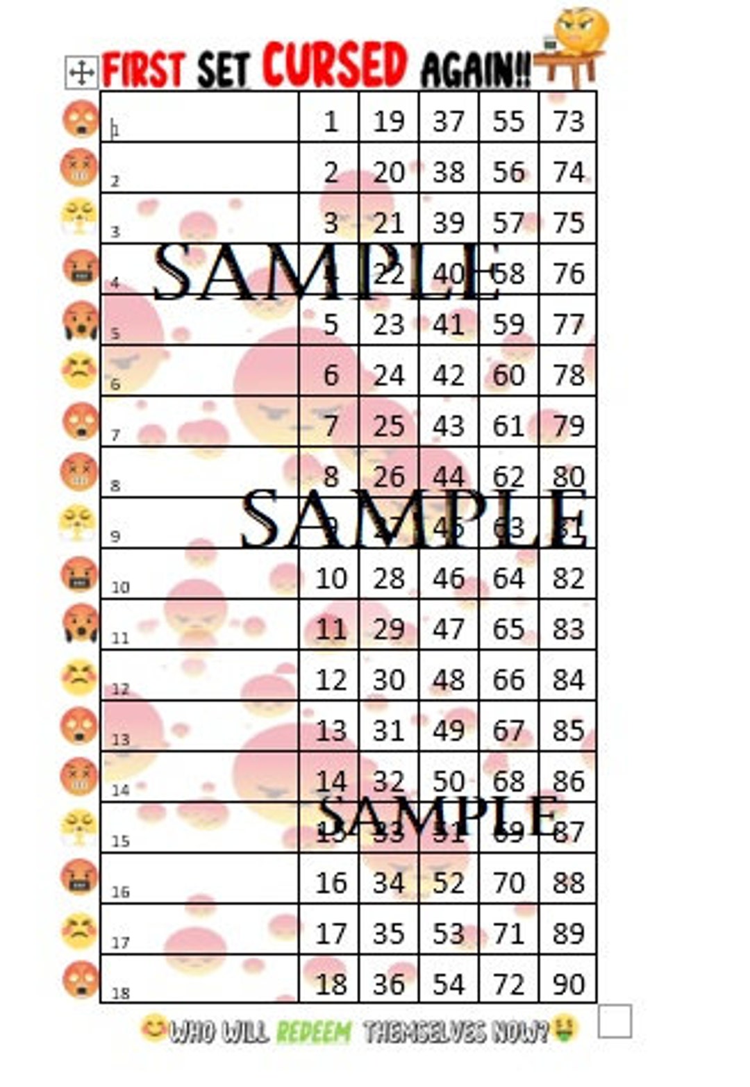 Bingo Cards|first Set Curse| 18 Line Bingo 90 Balls| Custom Board Game ...