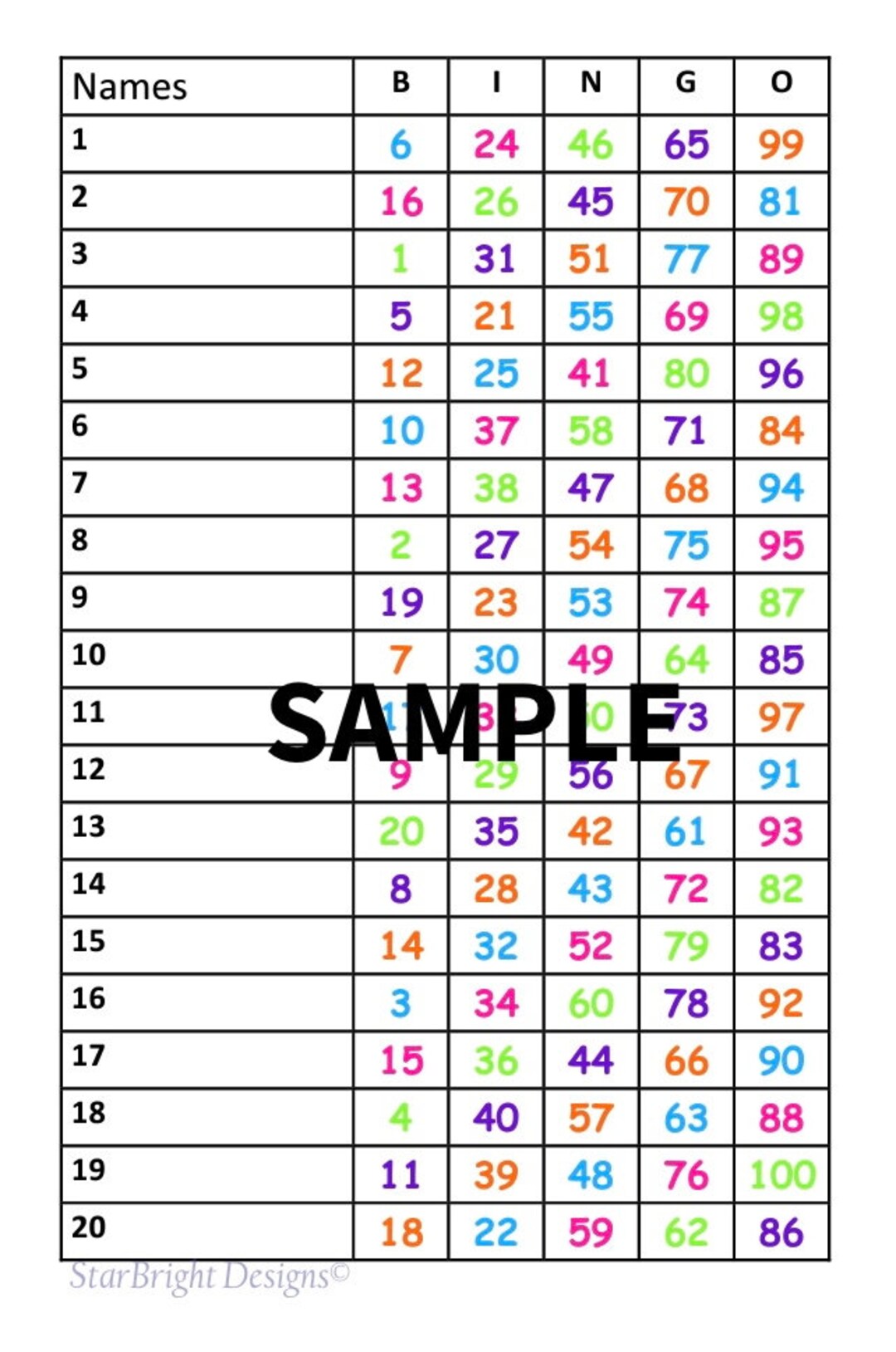 20 Lines Mixed Bingo| Bingo Cards| Rainbow Bingo| 100 Balls| Custom ...