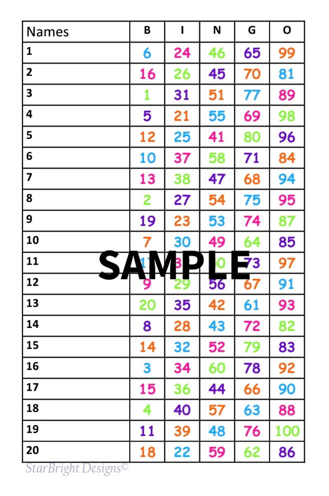 20 Lines Mixed Bingo| Bingo Cards| Rainbow Bingo| 100 Balls| Custom ...