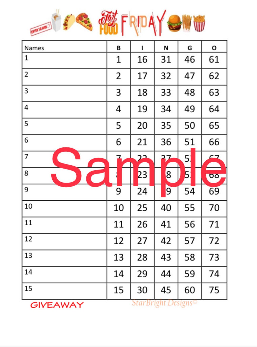 Bingo Cards| Giveaway Bingo| Fast Food Friday|15 Line Bingo 75 Balls ...